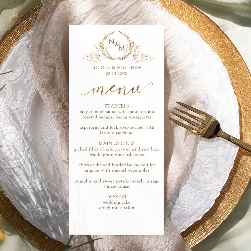 Elegant White and Gold Monogram Wedding Menu | Zazzle