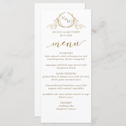 Elegant White and Gold Monogram Wedding Menu | Zazzle