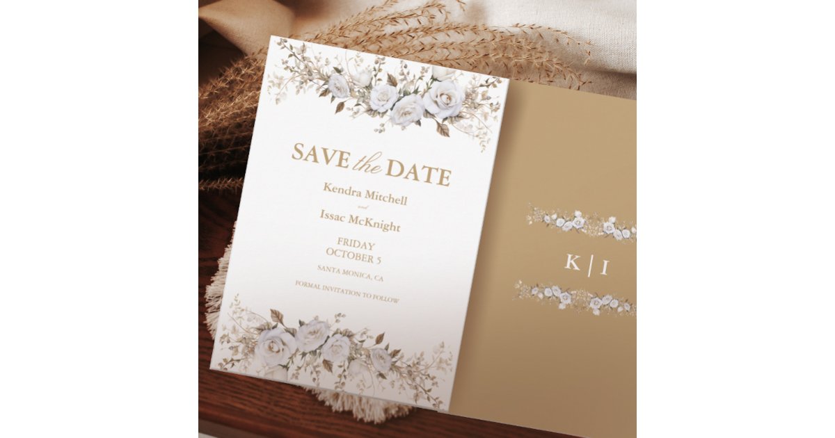 Elegant White and Gold Roses Vintage Crest Wedding Save The Date | Zazzle