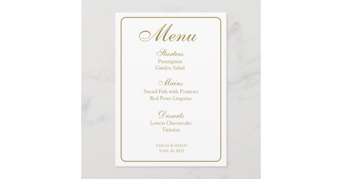 Elegant White and Gold Wedding Menus | Zazzle