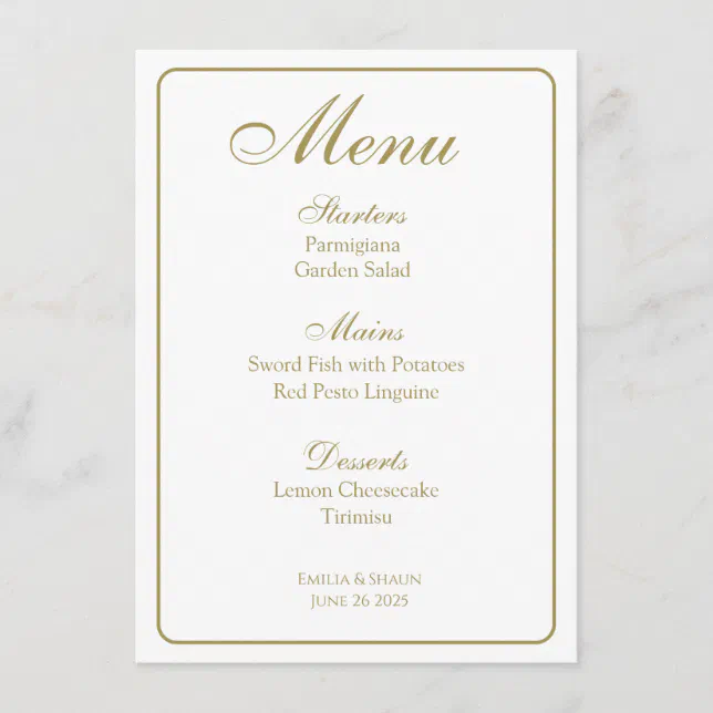 Elegant White and Gold Wedding Menus | Zazzle