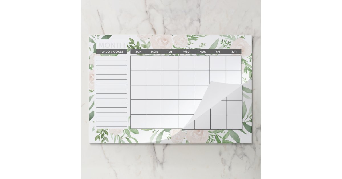 Elegant White and Green Floral Monthly Calendar Paper Pad | Zazzle