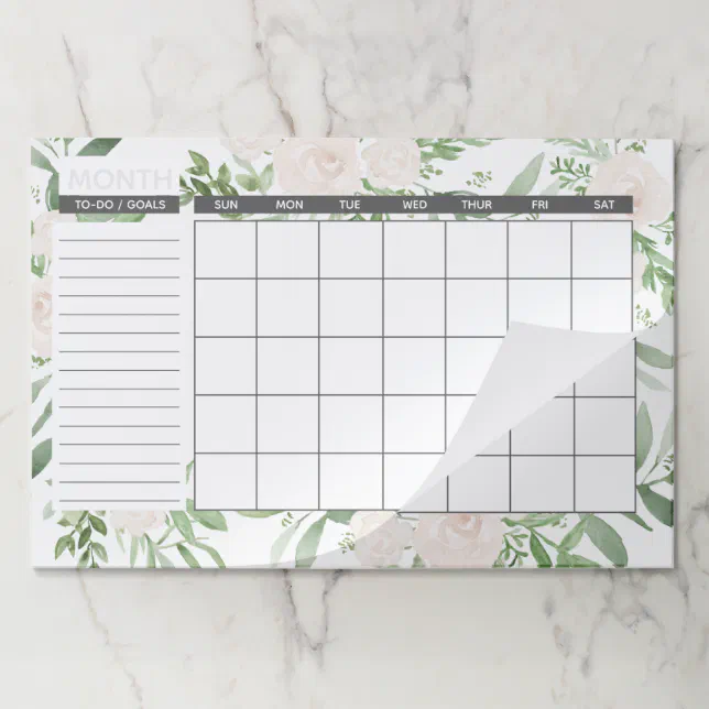 Elegant White and Green Floral Monthly Calendar Paper Pad | Zazzle