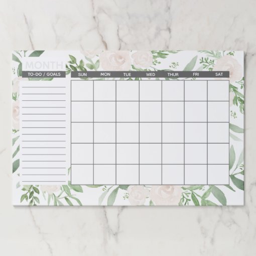Elegant White and Green Floral Monthly Calendar Paper Pad | Zazzle