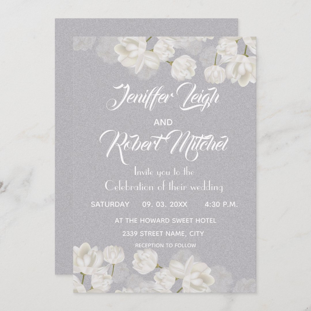 Elegant white and silver floral wedding invitation | Zazzle