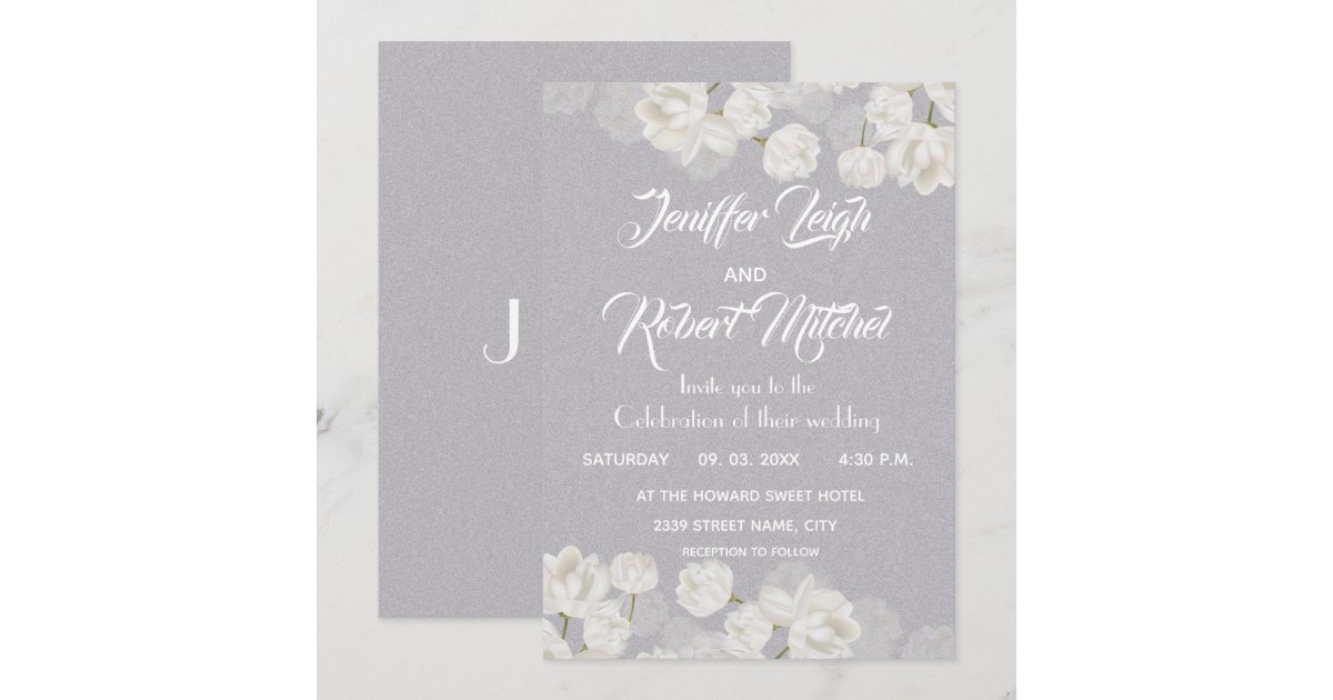 Elegant white and silver floral wedding invitation | Zazzle