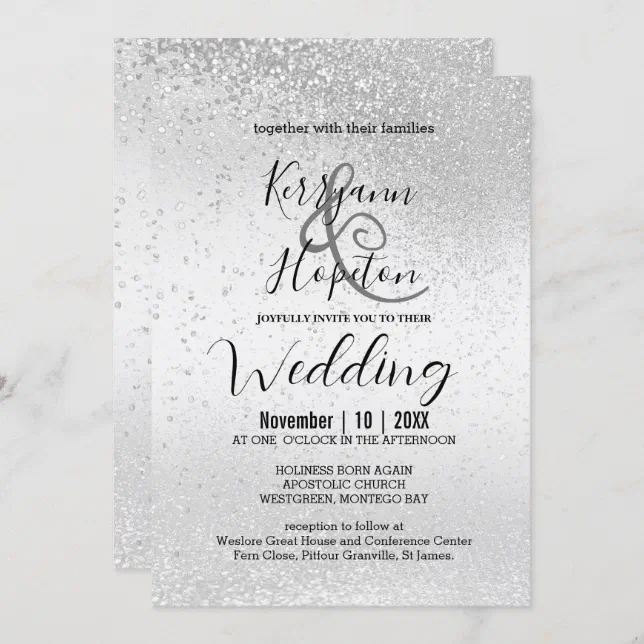 Elegant White and Silver Glitter Invitation | Zazzle