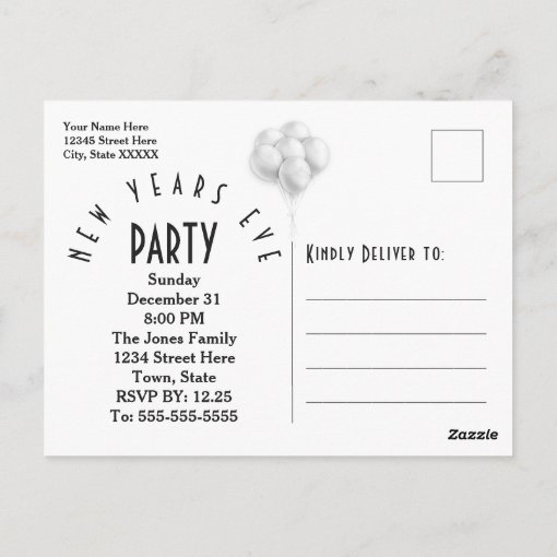 Elegant White Balloons New Year Party Invitation Postcard | Zazzle