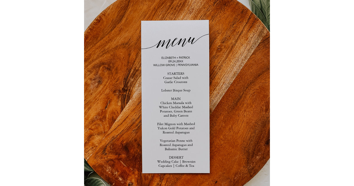 Elegant White & Black Calligraphy Dinner Menu Card | Zazzle