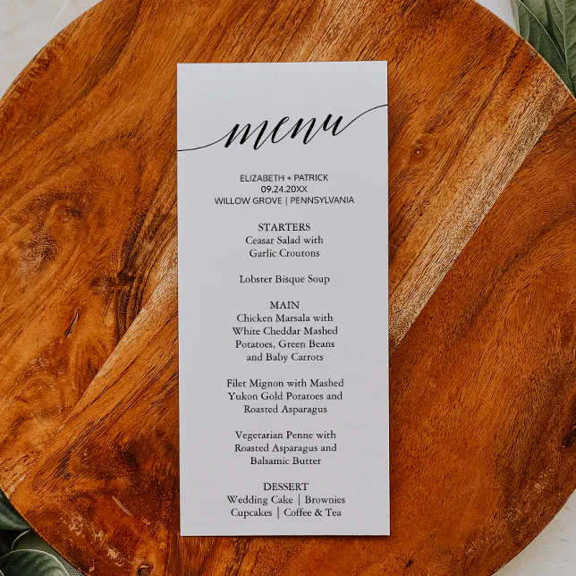 Elegant White & Black Calligraphy Dinner Menu Card | Zazzle