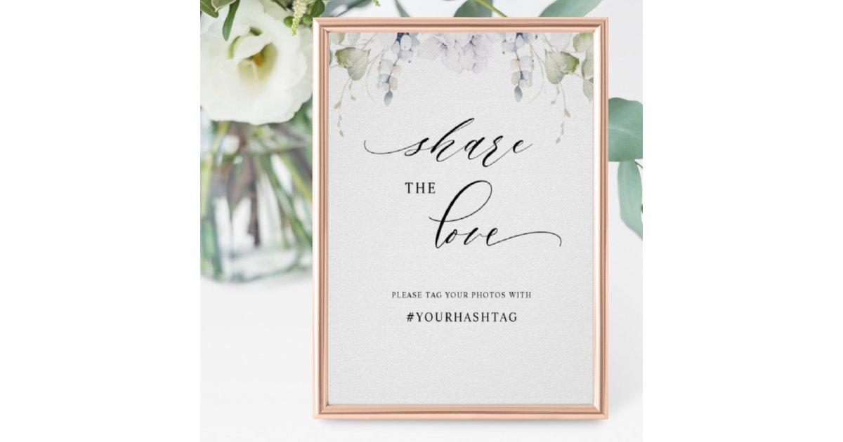 Elegant White Blue Floral Calligraphy Hashtag Sign | Zazzle