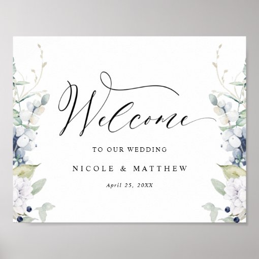 Elegant White Blue Floral Welcome Wedding Sign | Zazzle