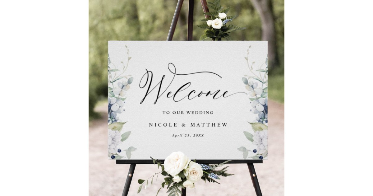 Elegant White Blue Floral Welcome Wedding Sign | Zazzle