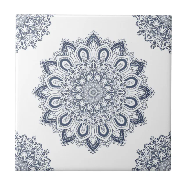 Elegant White Blue Mandala Ceramic Tile | Zazzle