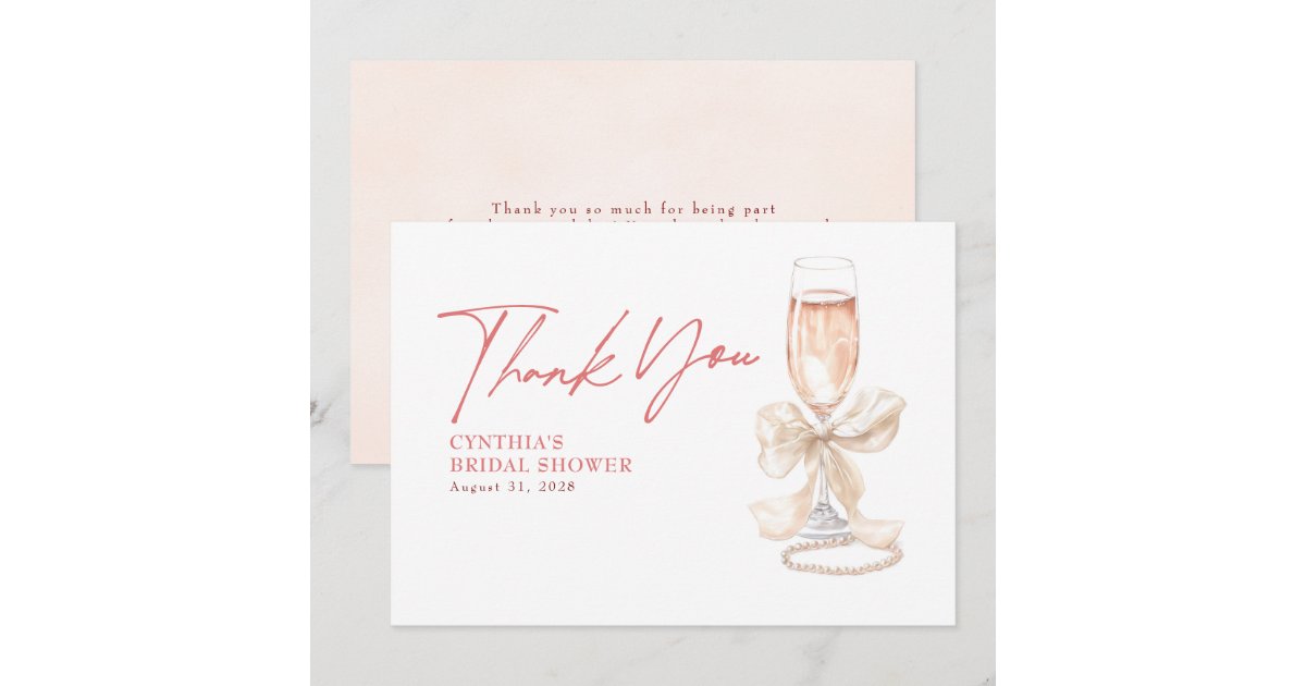 Elegant White Bow Prosecco Bridal Shower Thank You Card | Zazzle