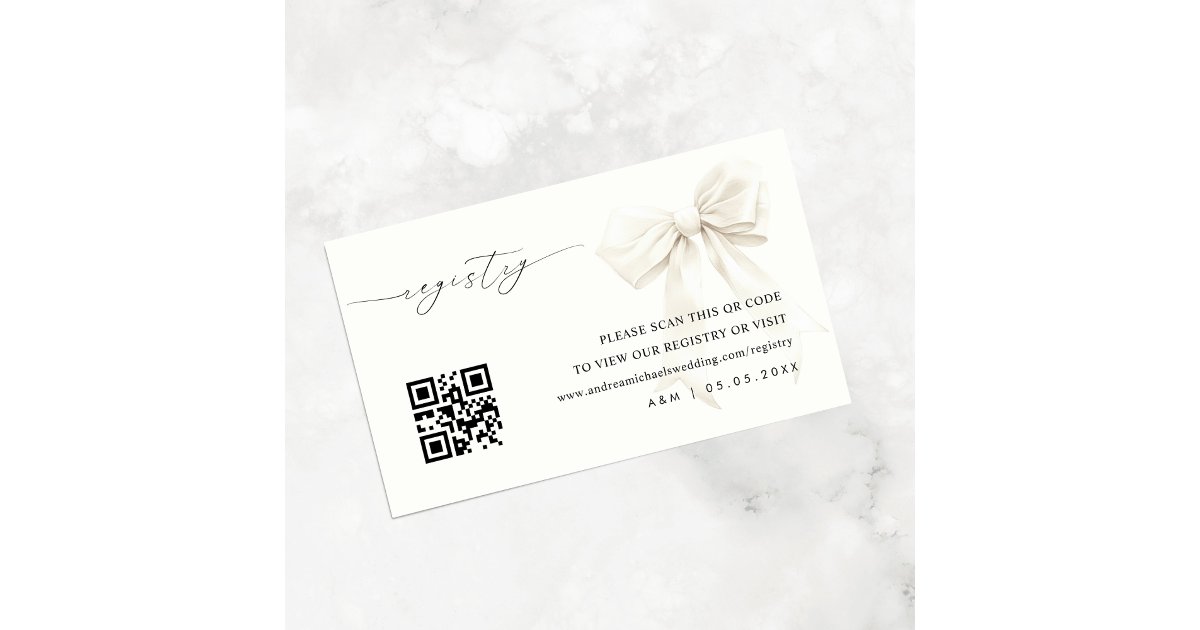 Elegant White Bow Qr Code Wedding Gift Registry Enclosure Card | Zazzle