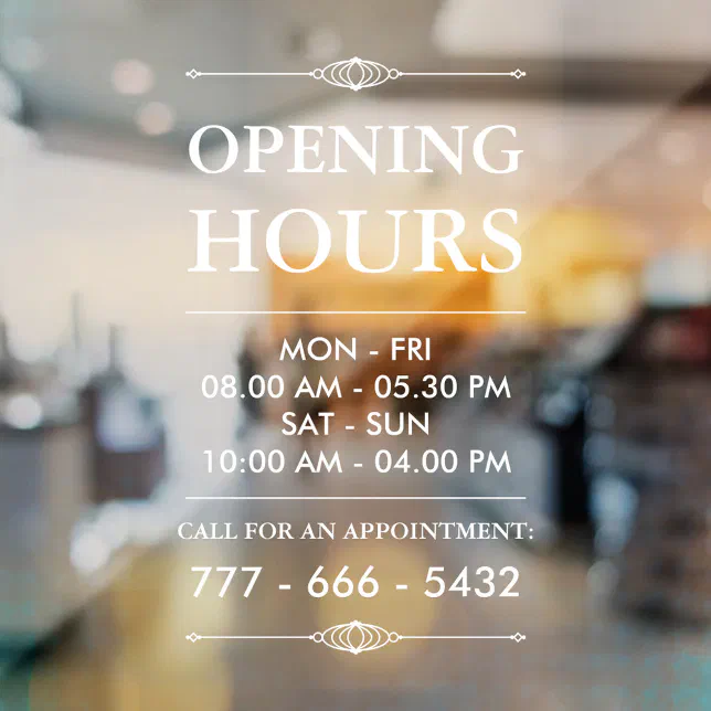 Elegant White Business Opening Hours & Number Window Cling | Zazzle
