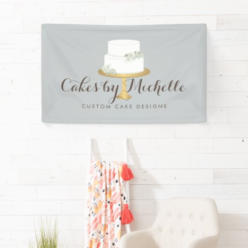 Elegant White Cake with Florals Cake Decorating Banner | Zazzle