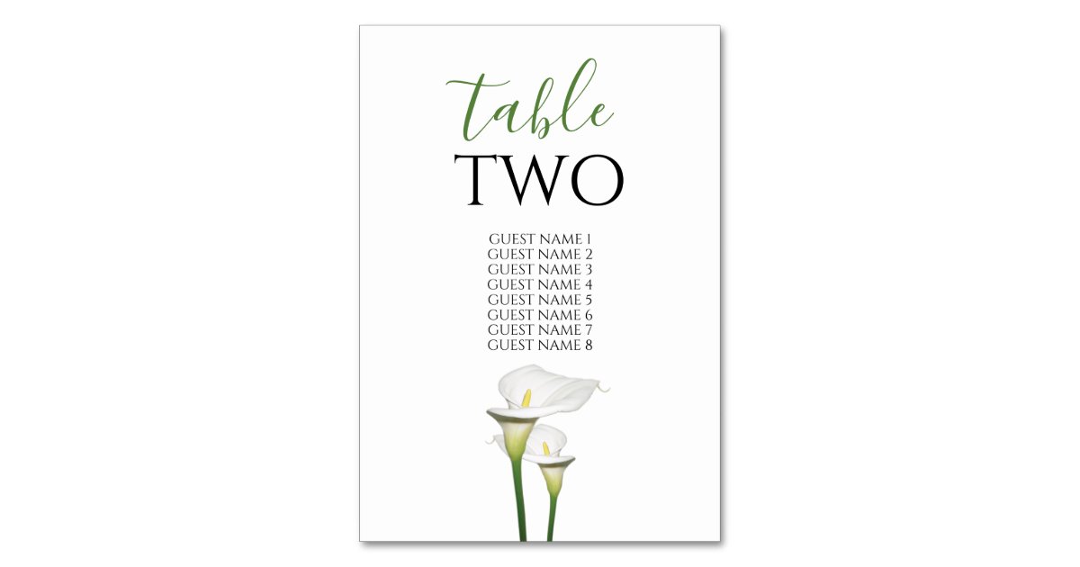 Elegant White Calla Lilies Wedding Guest Names Table Number | Zazzle
