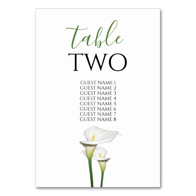 Elegant White Calla Lilies Wedding Guest Names Table Number | Zazzle