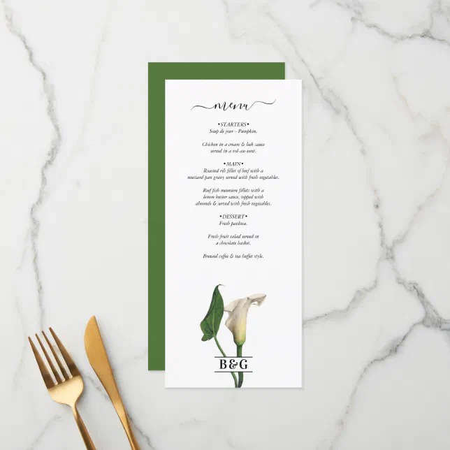 Elegant White Calla Lily Green Botanical Wedding Menu | Zazzle