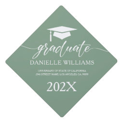 Elegant White Calligraphy On Sage Green Graduation Cap Topper | Zazzle