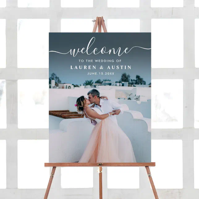 Elegant White Calligraphy Photo Wedding Sign | Zazzle