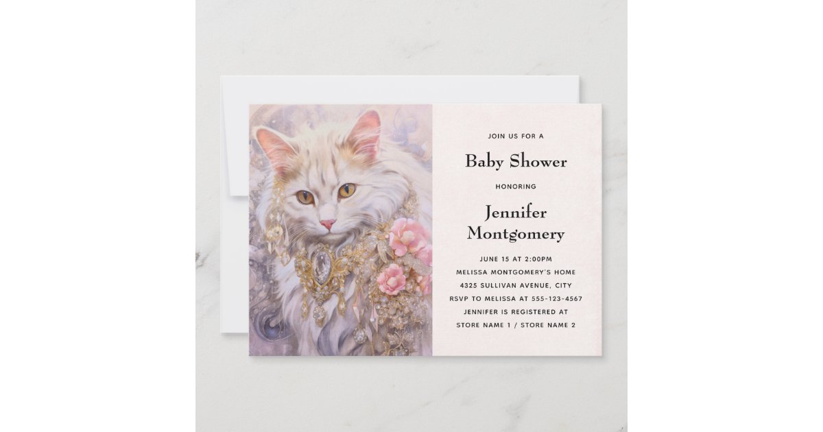 Elegant White Cat in Gold and Diamond Baby Shower Invitation | Zazzle