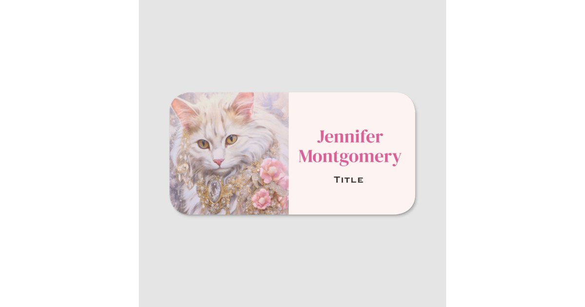 Elegant White Cat in Gold and Diamonds Name Tag | Zazzle