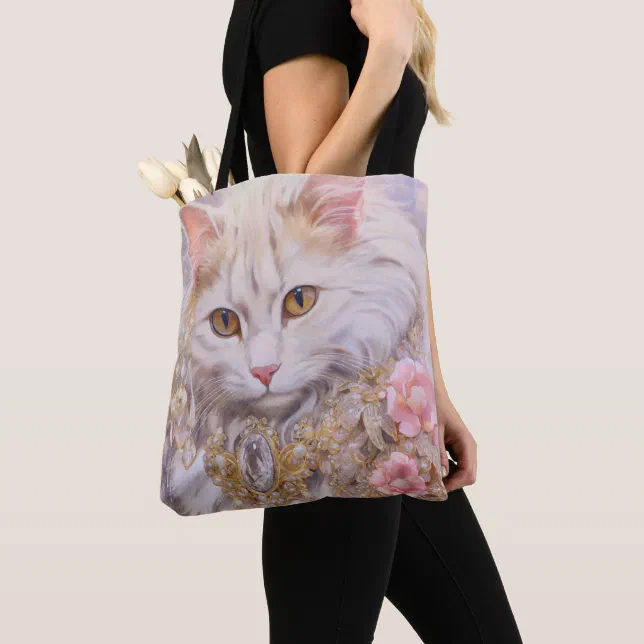 Elegant White Cat in Gold and Diamonds Tote Bag | Zazzle