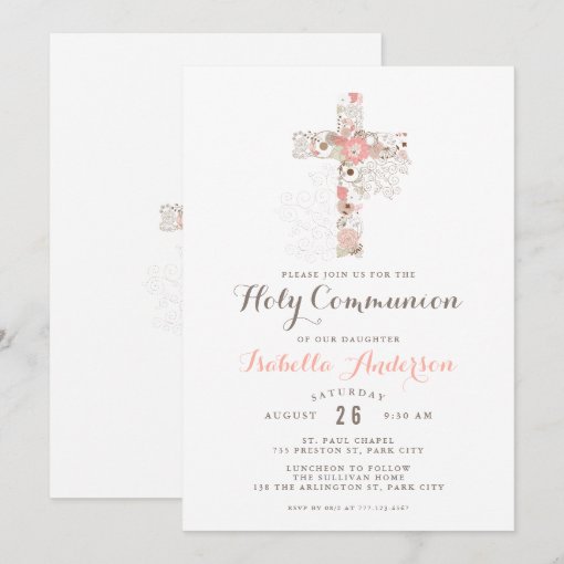 Elegant white communion floral cross invitation | Zazzle