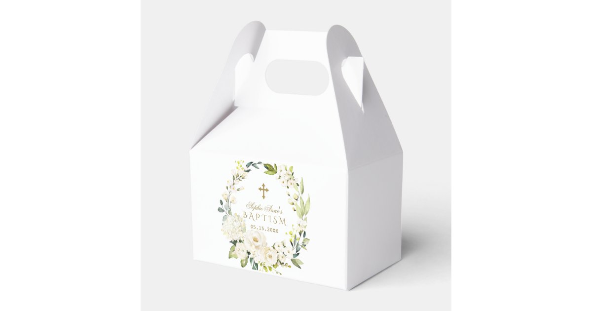 Elegant White Cream Flowers Gold Cross Baptism Favor Boxes | Zazzle