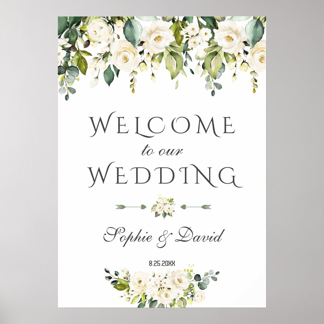 Elegant White Cream Flowers Welcome Wedding Sign | Zazzle
