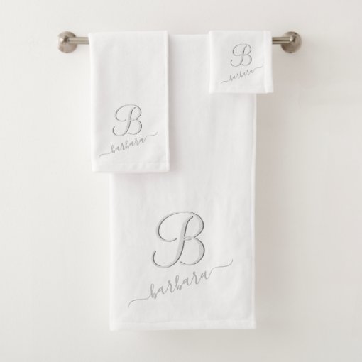 Elegant White Custom Monogram Name Bath Towel Set | Zazzle