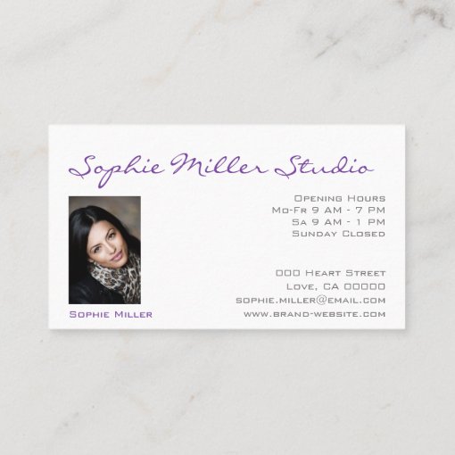 Elegant White Custom Photo Services and Open Hours Business Card | Zazzle