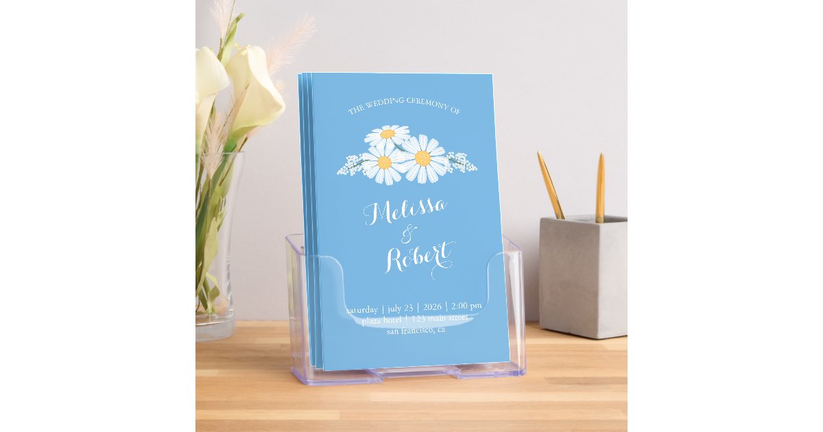 Elegant White Daisies Wedding Program Blue Brochures | Zazzle