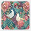 Elegant White Doves Pink Floral & Gold Geometric Square Sticker | Zazzle