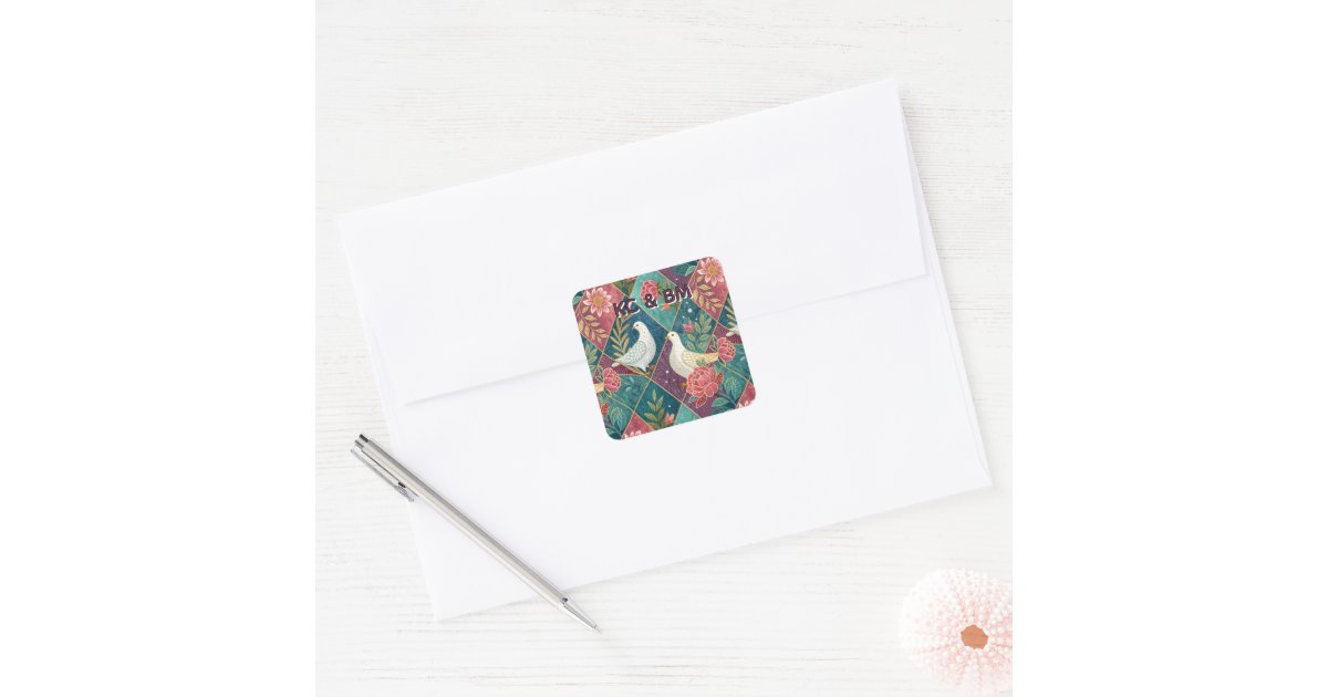 Elegant White Doves Pink Floral & Gold Geometric Square Sticker | Zazzle
