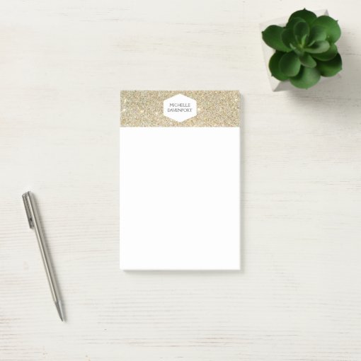 ELEGANT WHITE EMBLEM ON GOLD GLITTER POST-IT NOTES | Zazzle