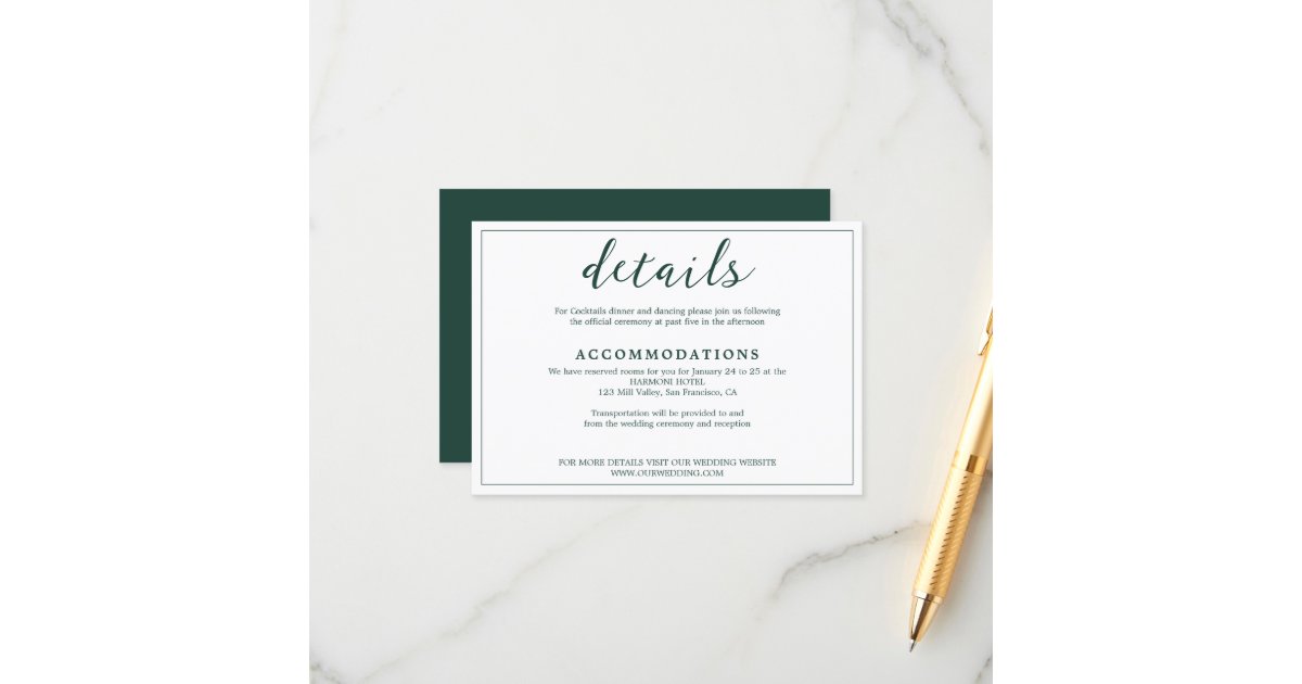 Elegant White Emerald Green Border Script Wedding Enclosure Card | Zazzle