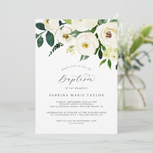 Elegant White Floral Baptism Invitation | Zazzle