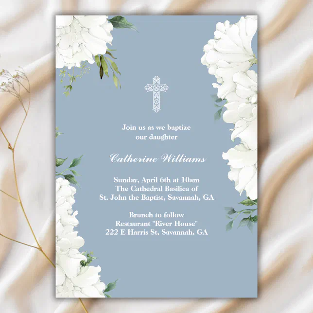 Elegant White Floral Dusty Blue Baptism Invitation | Zazzle