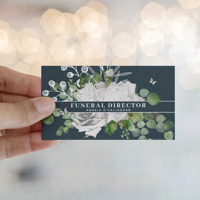 Elegant White Floral & Eucalyptus Funeral Director Business Card | Zazzle