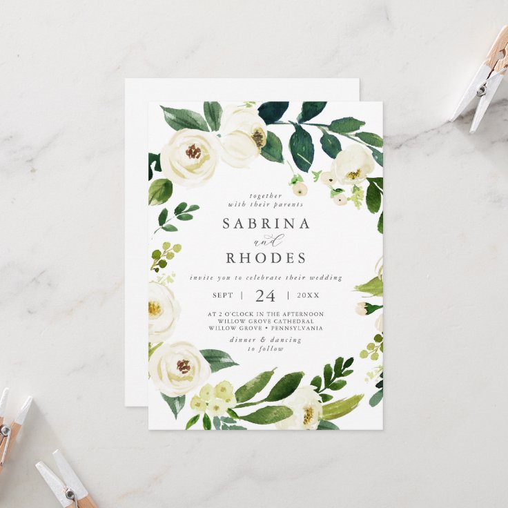 Elegant White Floral Front and Back Wedding Invitation | Zazzle