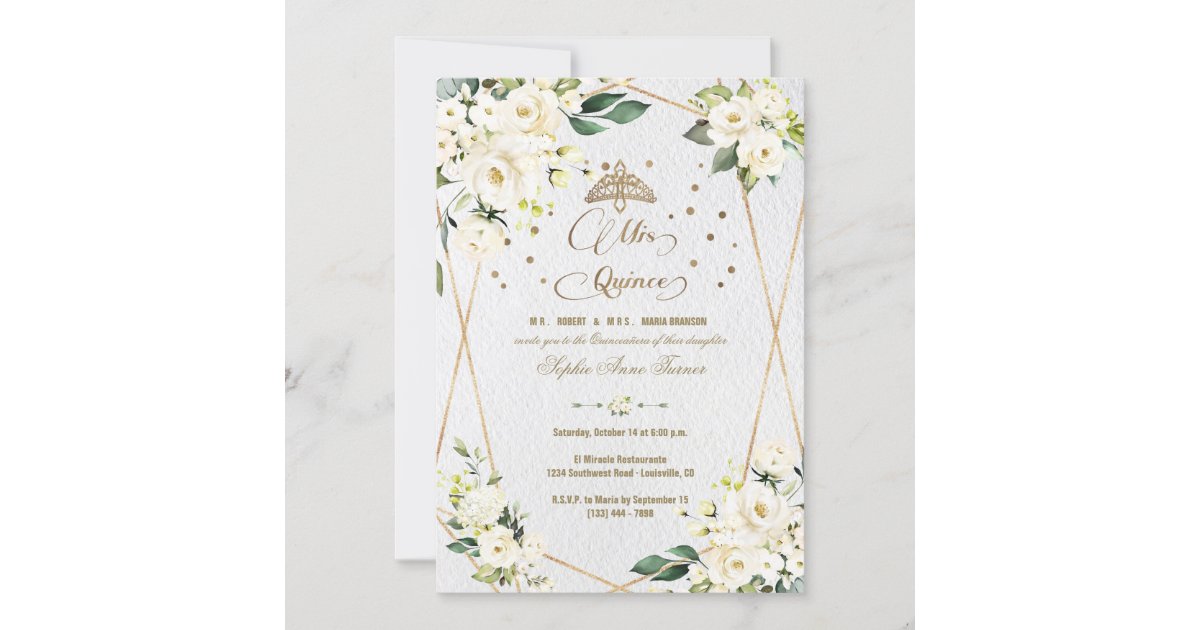 Elegant White Floral Gold Mis Quince Quinceañera Invitation | Zazzle