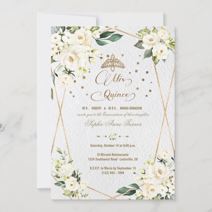 Elegant White Floral Gold Mis Quince Quinceañera Invitation | Zazzle