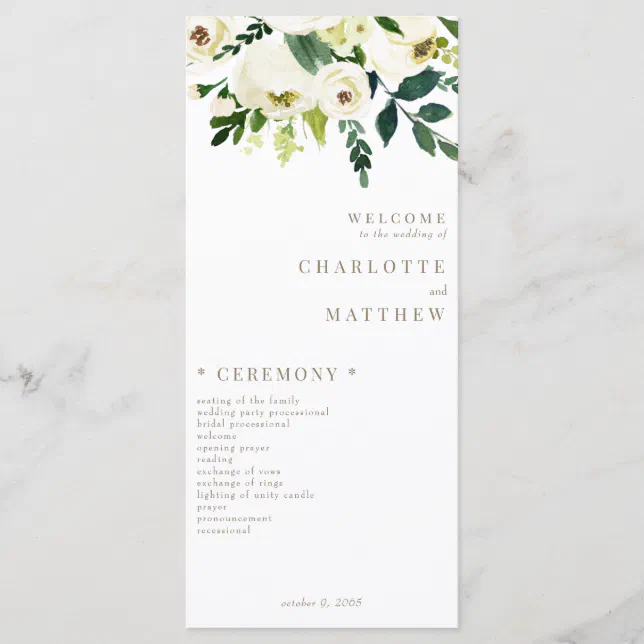Elegant White Floral Gold Text Wedding Program | Zazzle