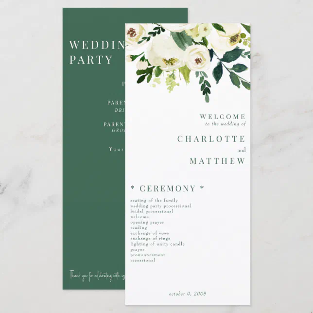 Elegant White Floral Green & White Wedding Program | Zazzle