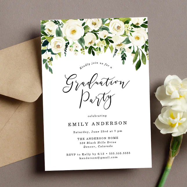 Elegant White Floral Greenery Graduation Party Invitation | Zazzle