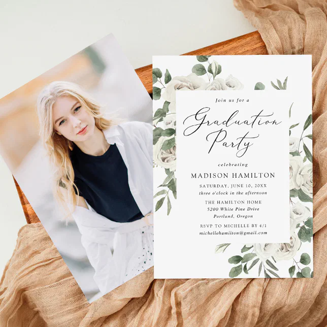 Elegant White Floral Greenery Graduation Party Invitation | Zazzle